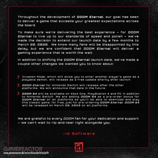Doom Eternal reporté à Mars 2020