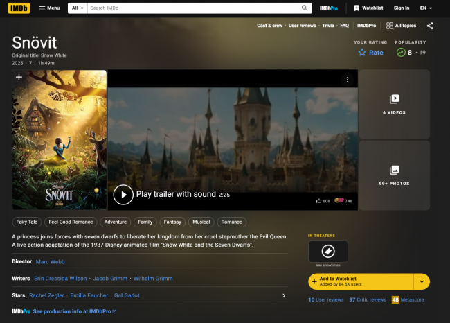 IMDB cache les évaluations du film Blanche-Neige de Disney - Disney's Snow White - Gamereactor